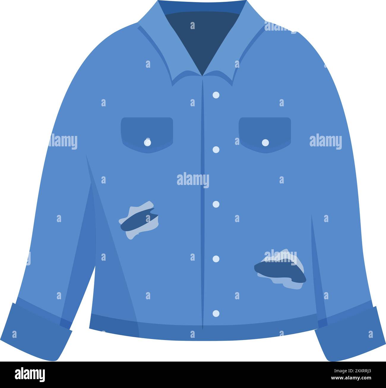 Blue denim jacket showing wear and tear with holes on the sleeves, a ...