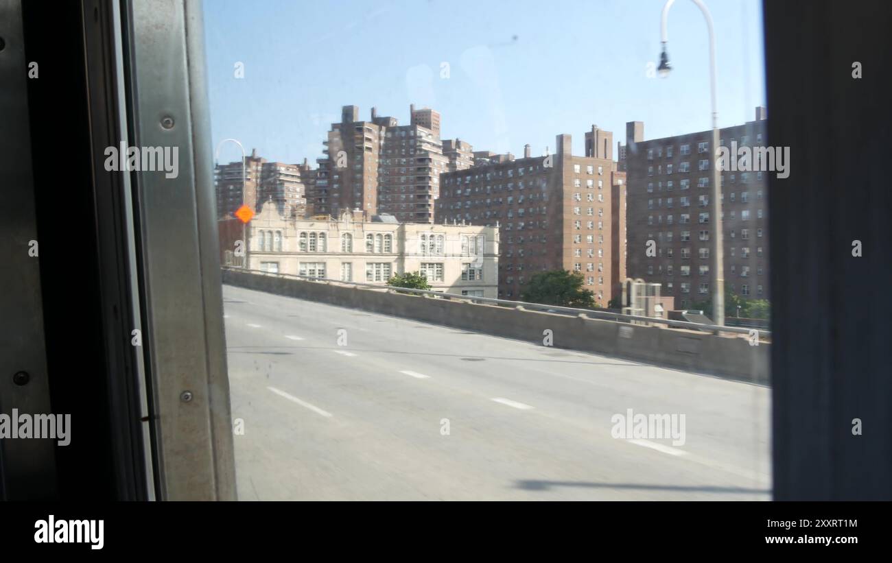 New York City subway train, Williamsburg bridge. Shaking camera thru dirty window. Manhattan ...