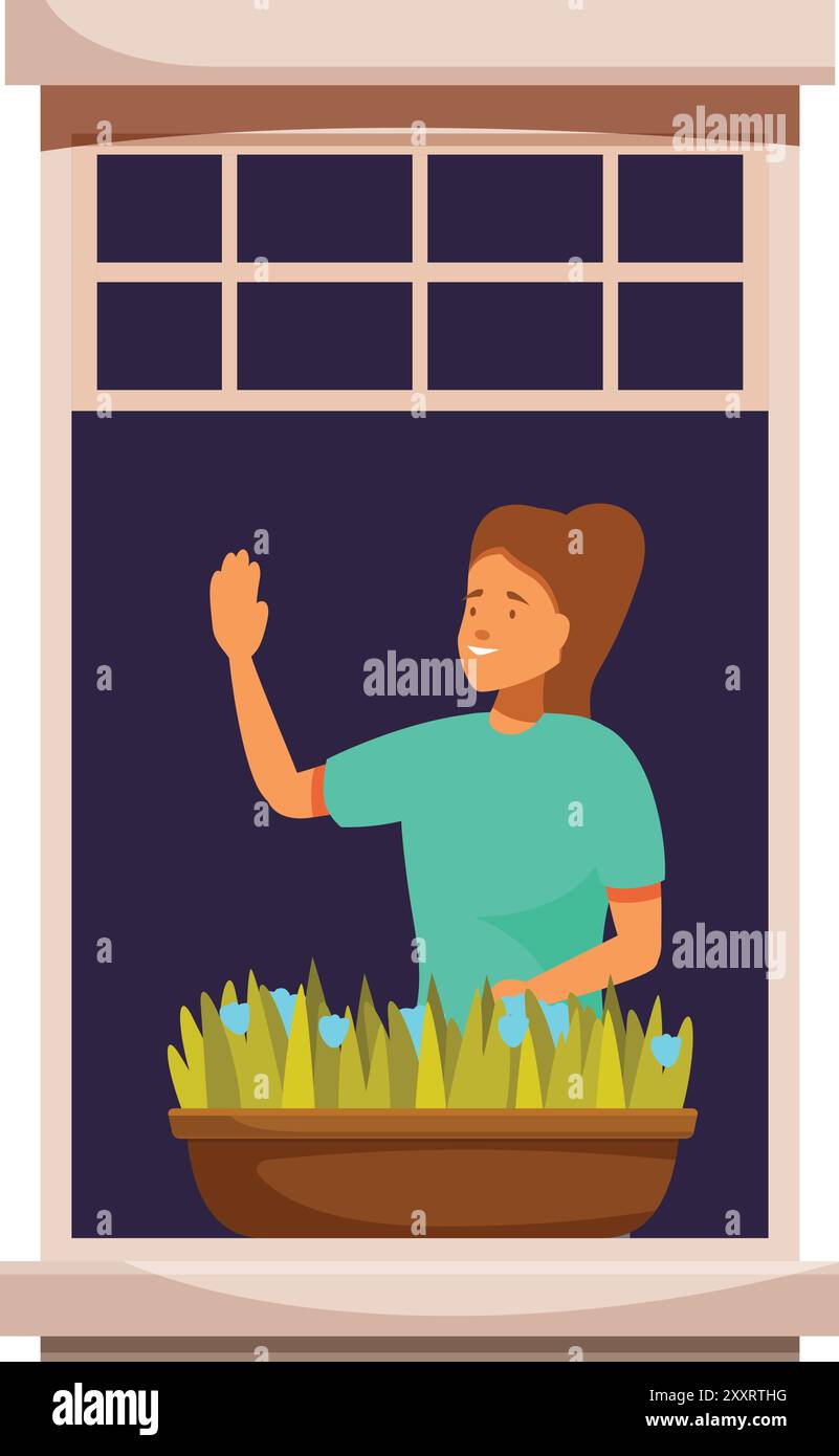 Happy young woman is greeting her neighbour from her window with a ...