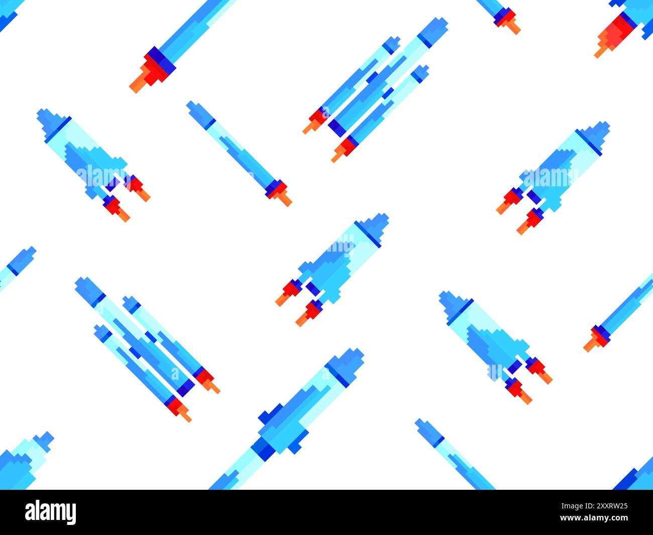 Pixel spaceships seamless pattern. Space rockets in 8-bit retro graphic ...