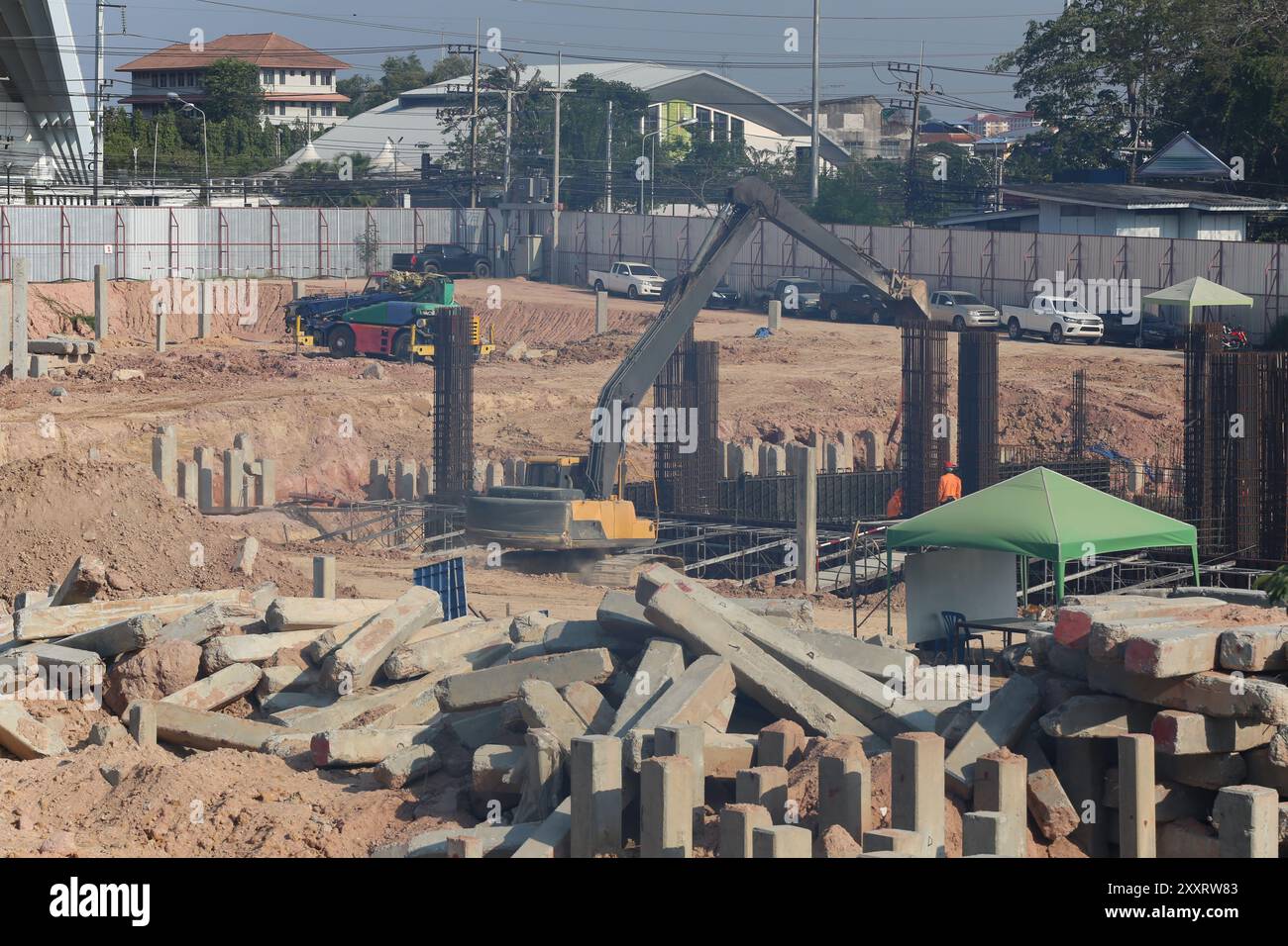 Construction work zones of piling where piles are driven into the ...