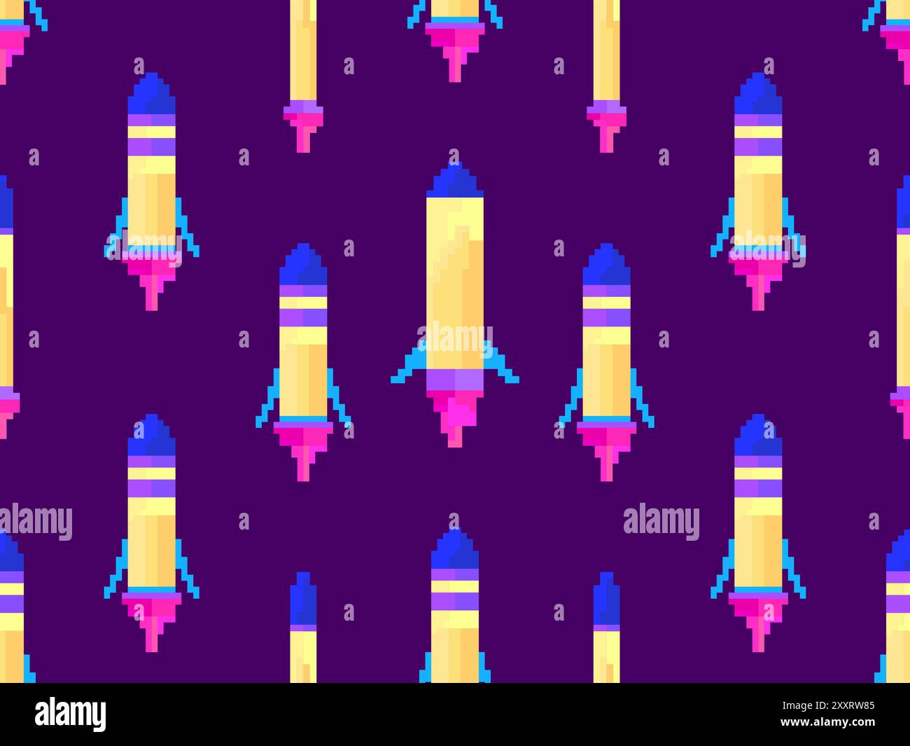 Pixel spaceships seamless pattern. Space rockets in 8-bit retro graphic style of the 80s ...