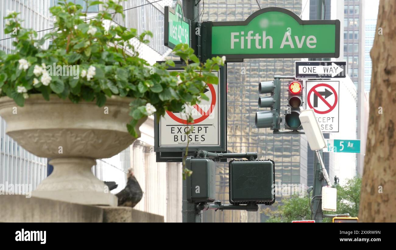 Fifth avenue, 5 ave road sign, Manhattan midtown architecture, New York ...