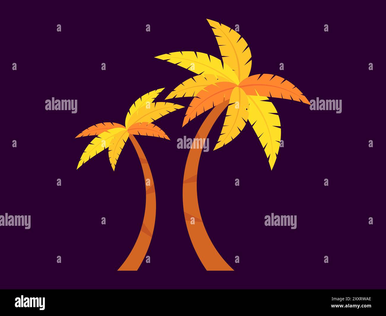 Two palm trees on black background. Yellow palm leaves and brown tree ...