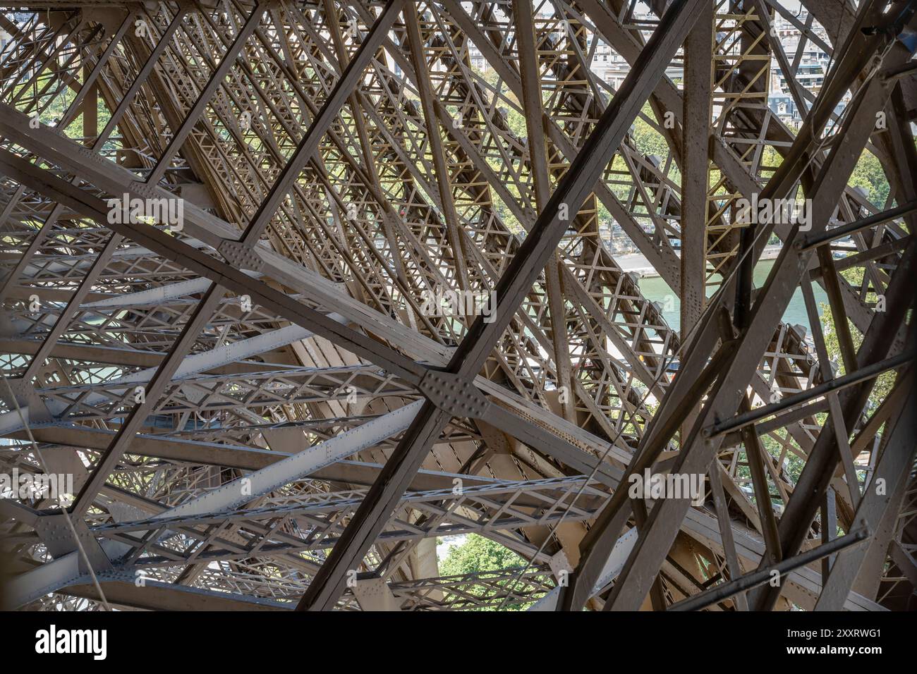 Paris, France - 08 22 2024: View of a pylon and staircase of the Eiffel ...
