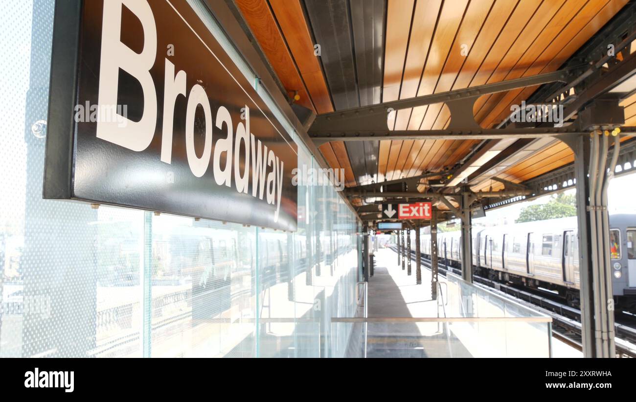 New York subway station Broadway text sign. Metropolitan train on ...
