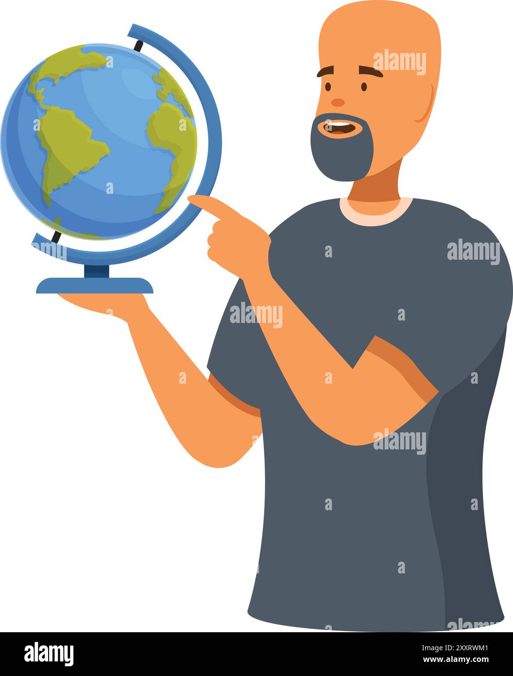 Geography teacher holding a globe and pointing at world map while ...