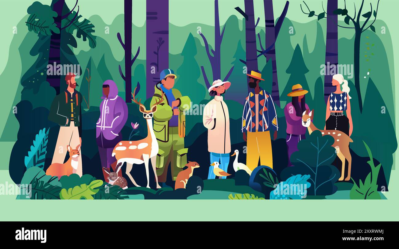 People community group nature forest animals. Diverse group of people ...