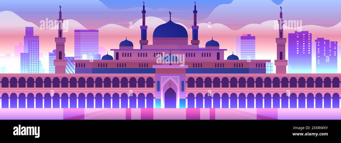 Modern city skyline mosque minarets domes sunset gradient background ...