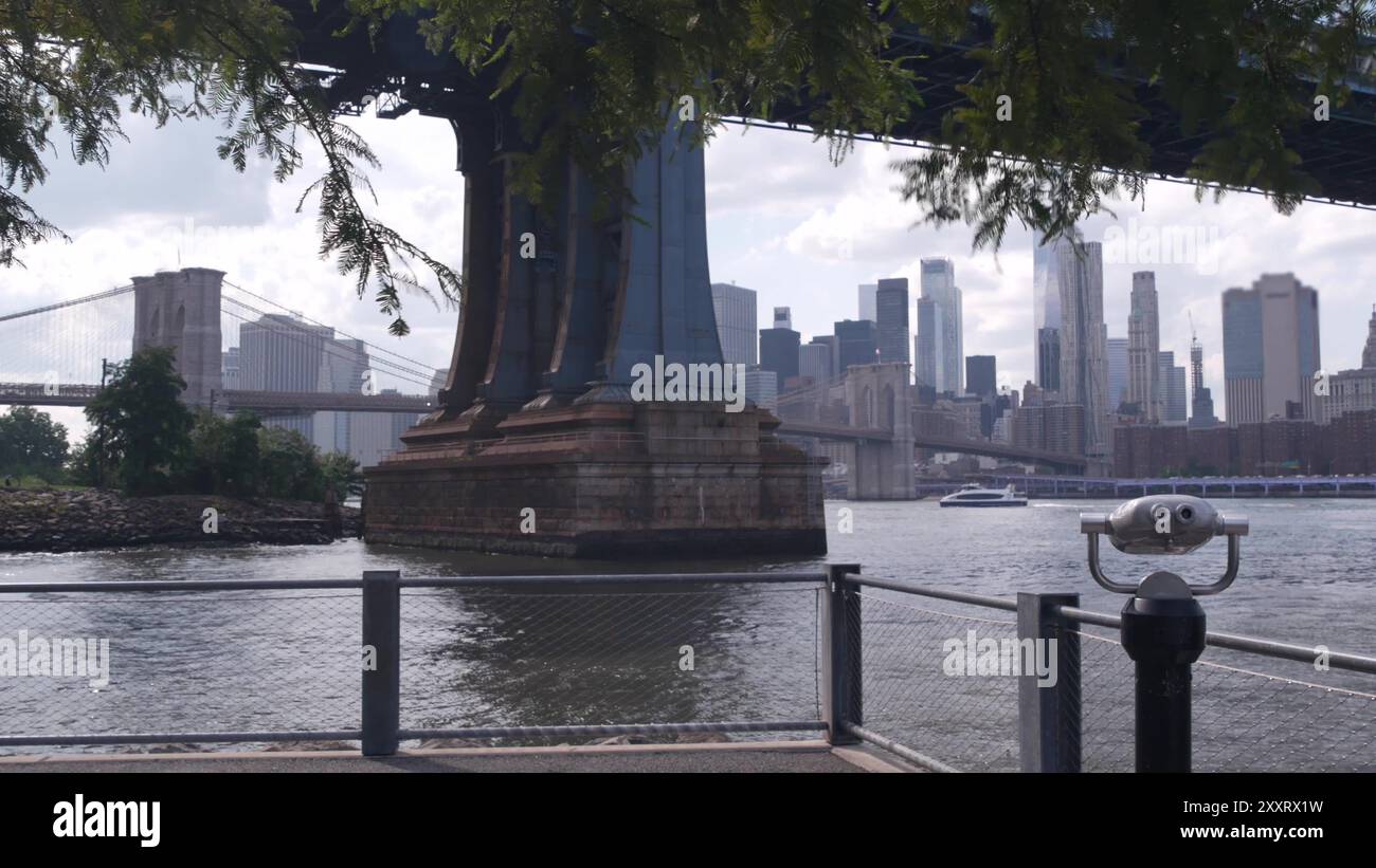 New York City Manhattan Bridge lookout, tower viewer binoculars ...