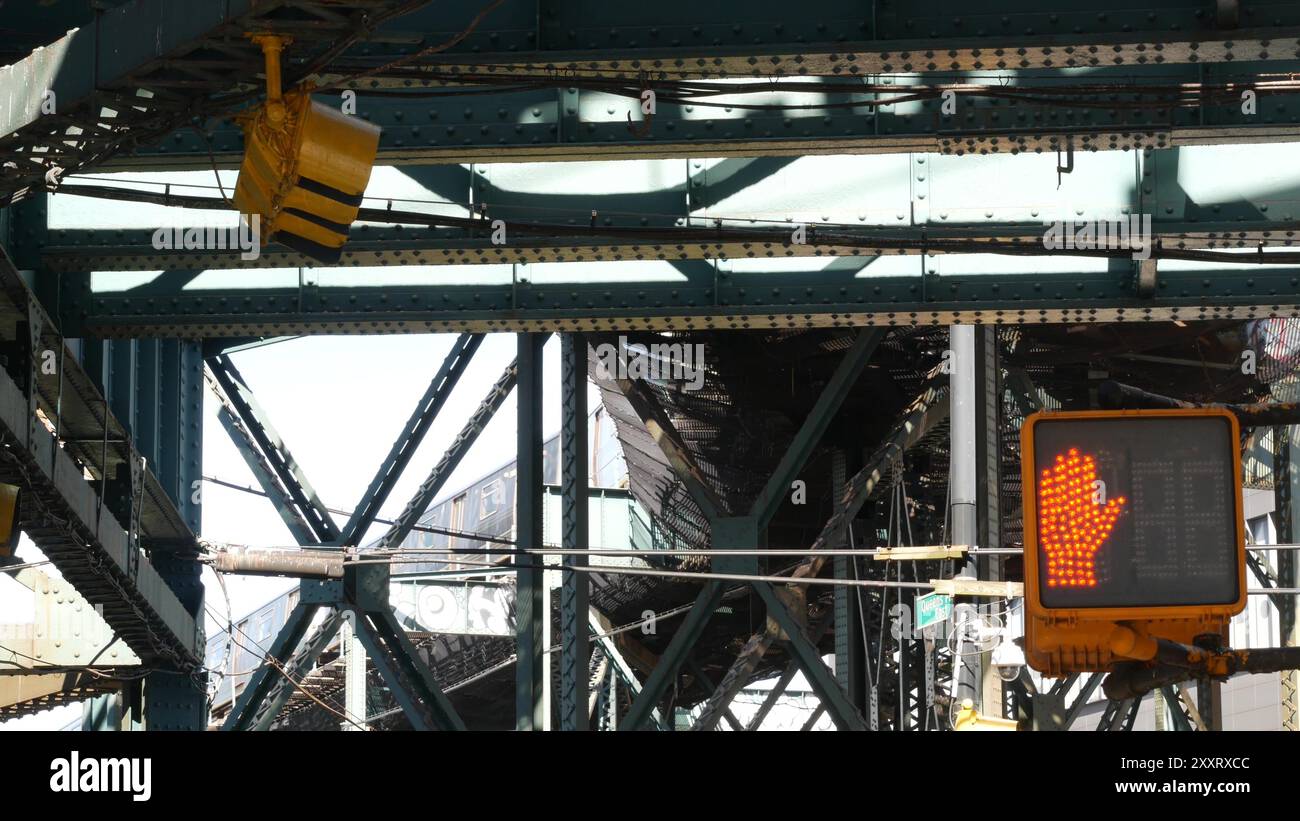 New York elevated subway, metropolitan bridge, metro track above street ...
