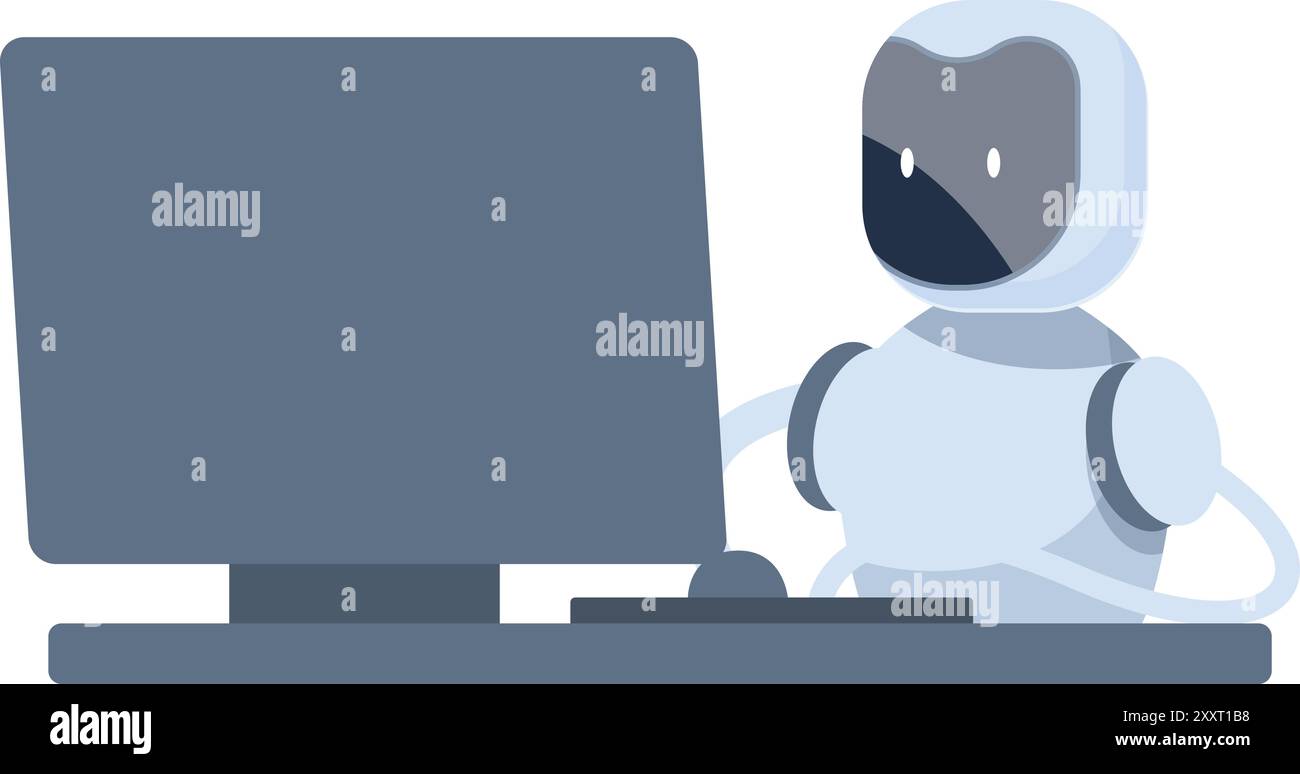 Robot is sitting at a desk working on a desktop computer Stock Vector ...