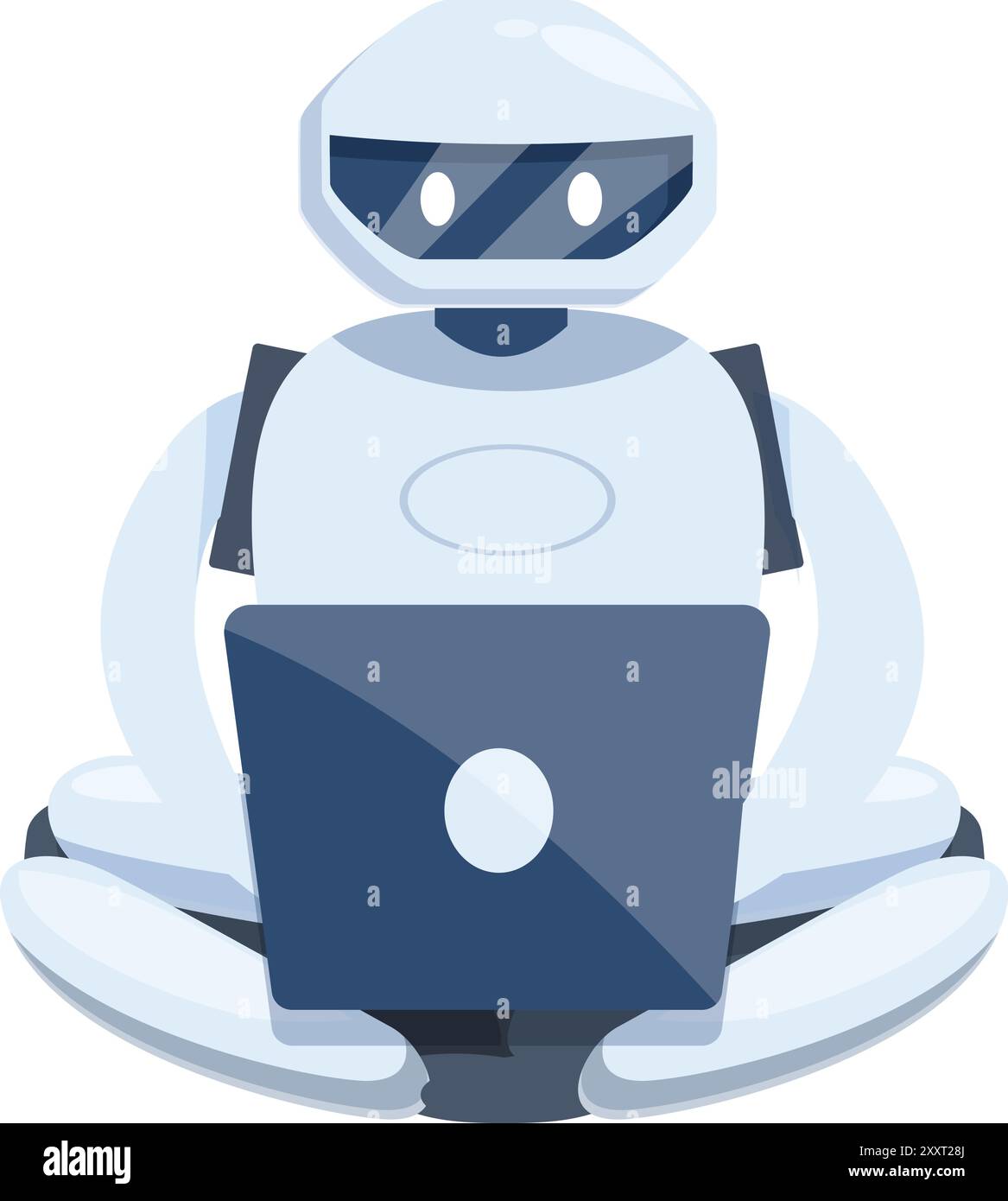 White robot sitting cross legged working remotely on laptop Stock ...