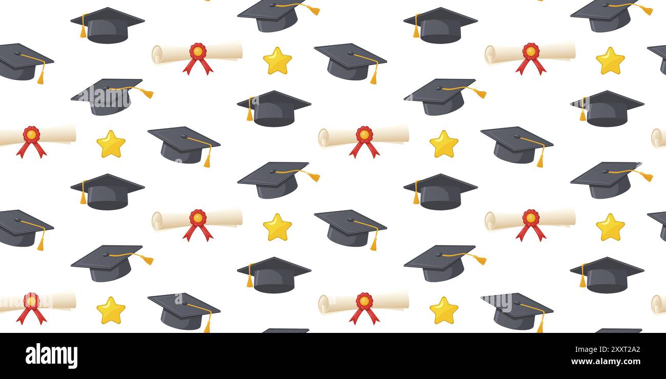 Seamless vector pattern with graduation caps, diplomas with red ribbons ...