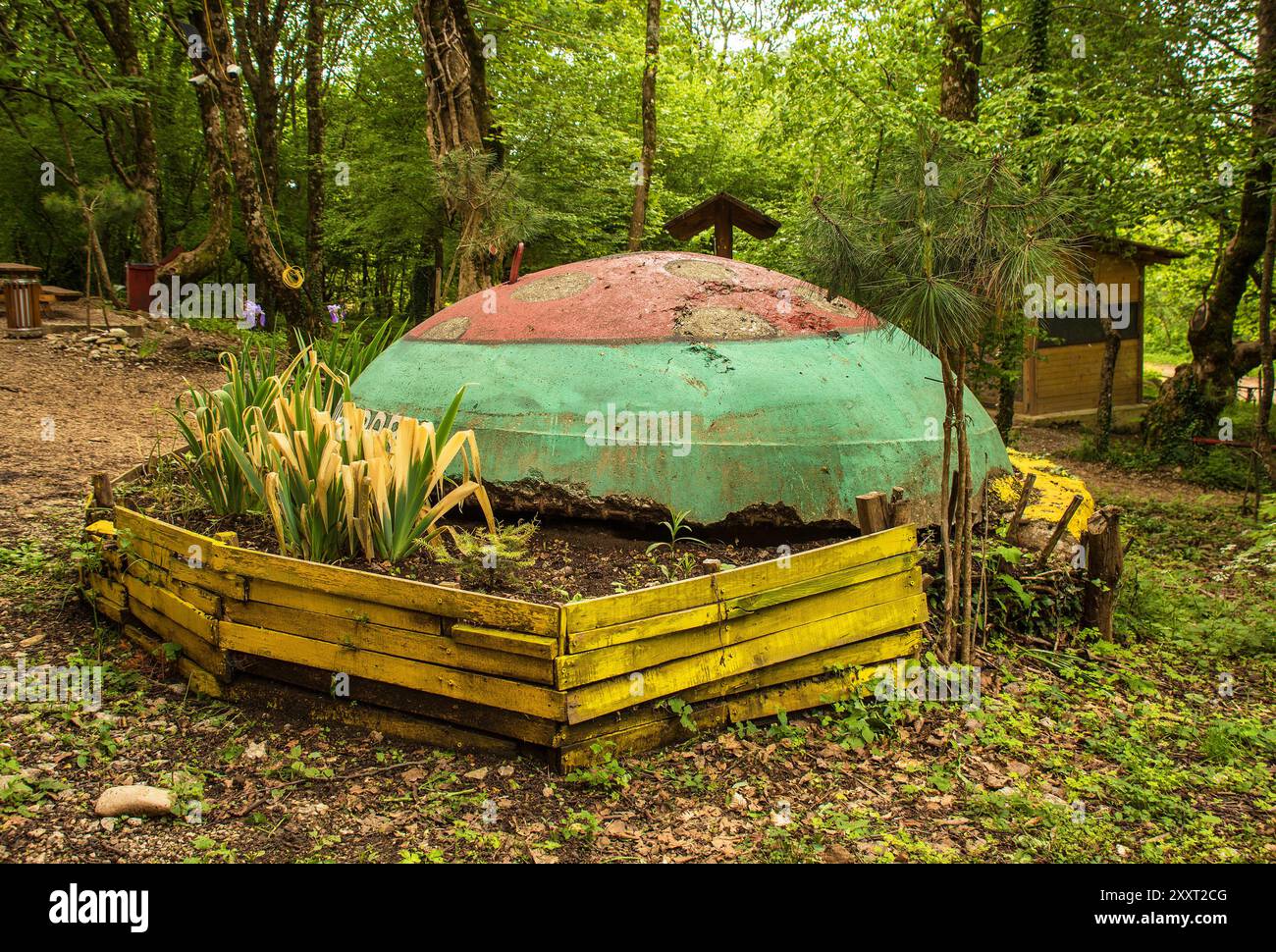 Mount Dajti, Albania - 31 May 2024. An abandoned pillbox bunker in the ...