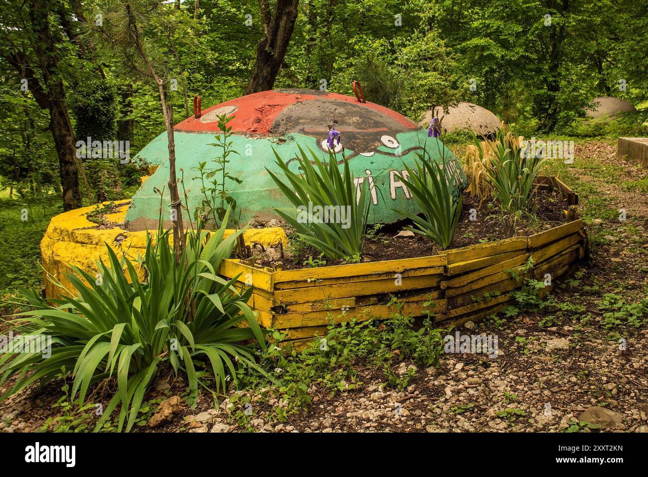 Mount Dajti, Albania - 31 May 2024. An abandoned pillbox bunker in the ...