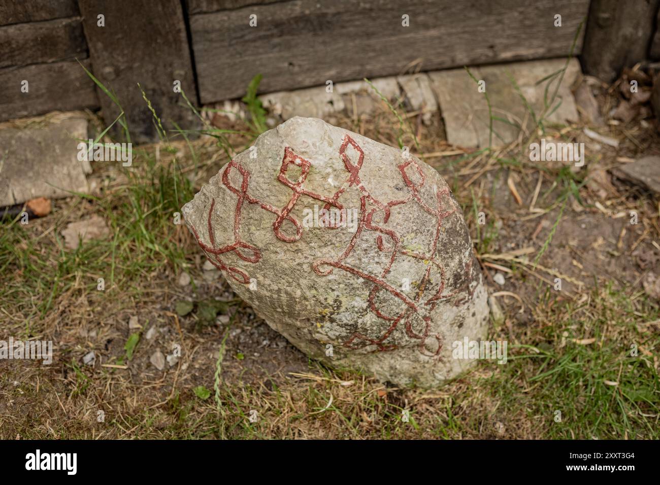 Runestone at Foteviken Viking museum in Hollviken, Sweden Stock Photo ...