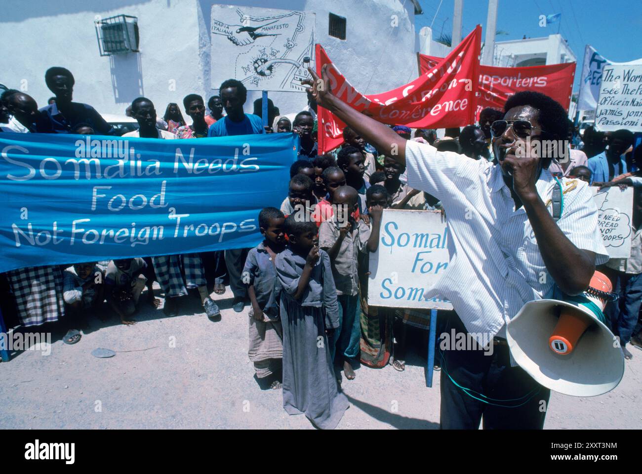 Demonstration in the strees with flags and loudspeakers in the strees ...