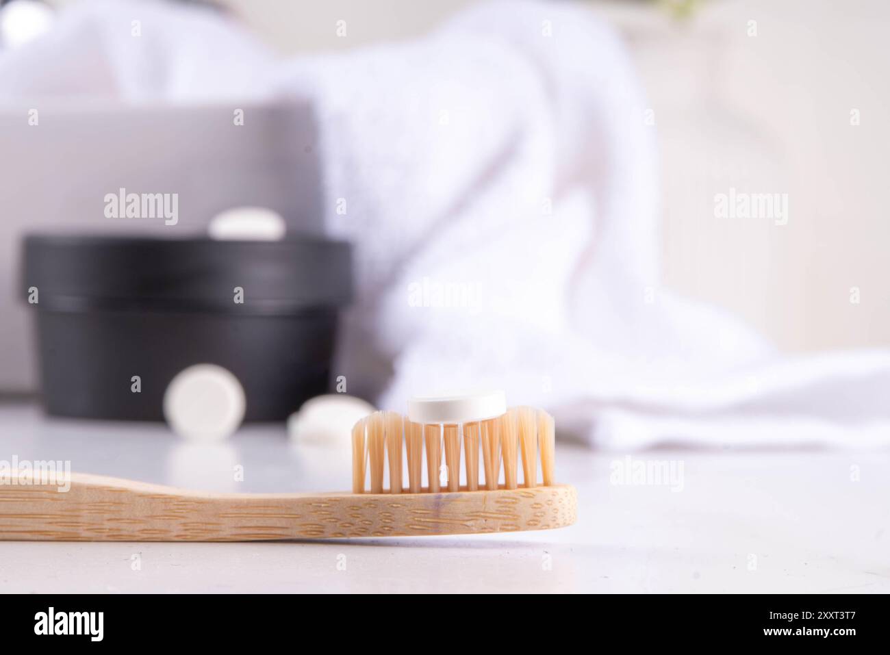 Toothpaste pills tablets on toothbrush, white solid toothpaste tablet ...