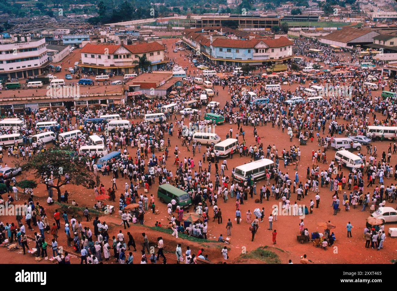 Aerial view of people crowded int he bus and taxi depot in, Kampala ...