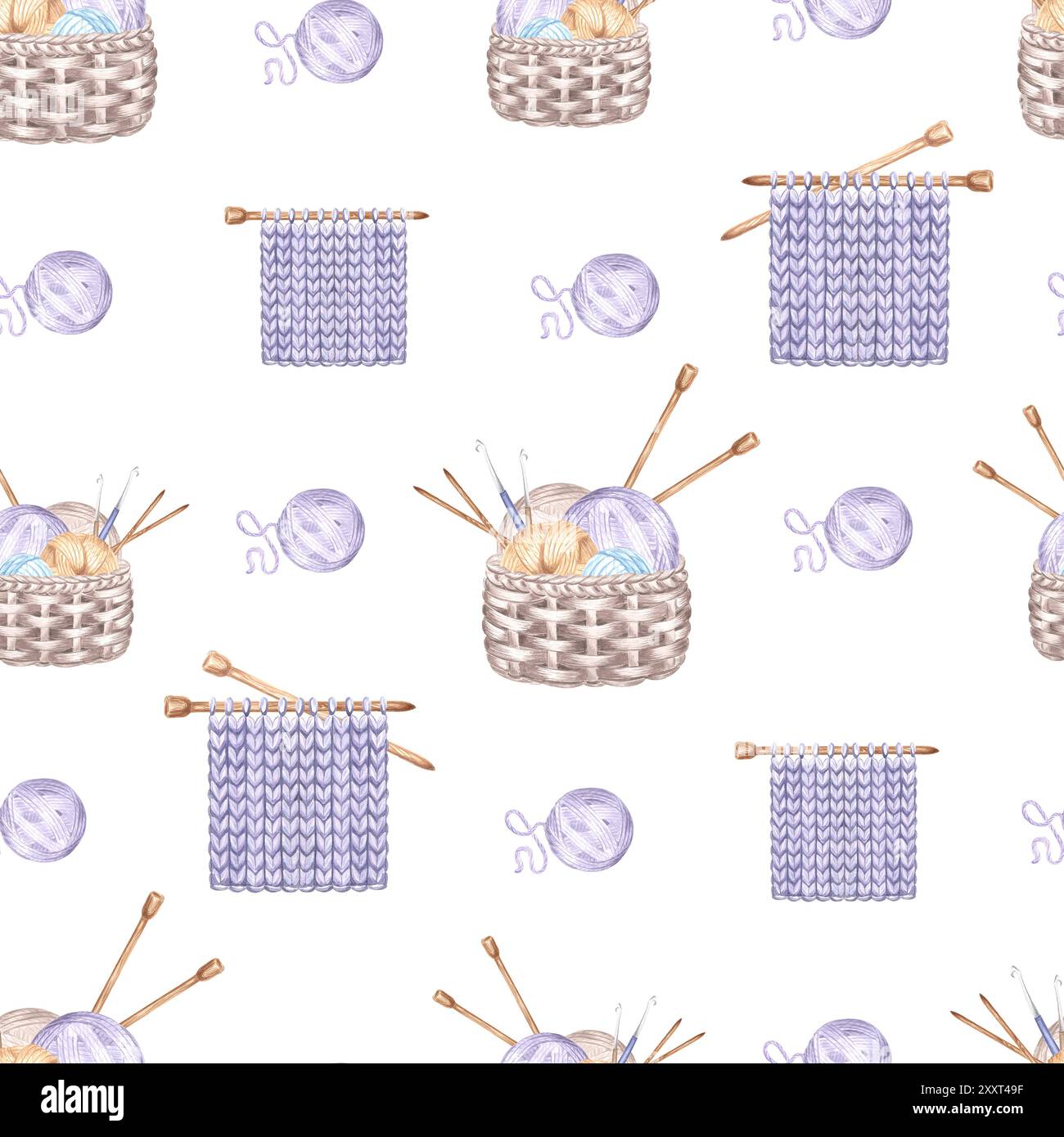 Yarn balls and skeins of wool in basket, knitting needles and fabric ...