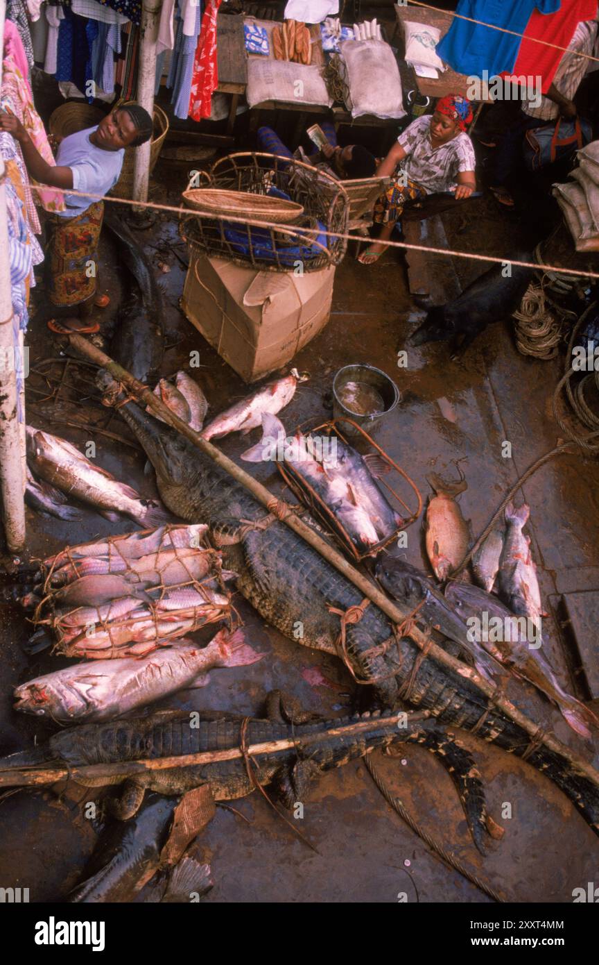 Fish and crocodiles lie on the deck amid other merchandise on one of ...