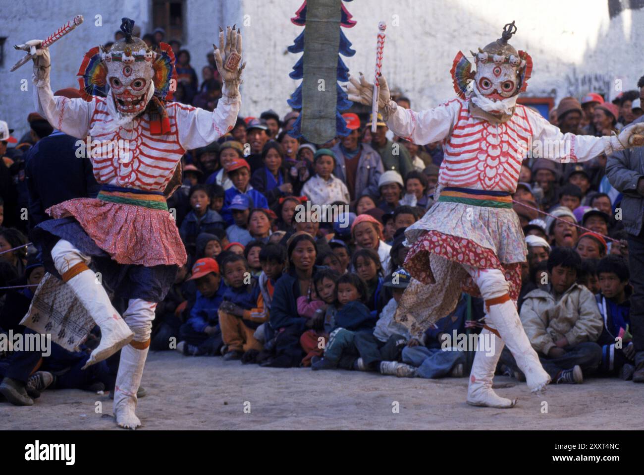 Monks dance in costumes at a festival, Lo Manthang, Nepal Stock Photo ...