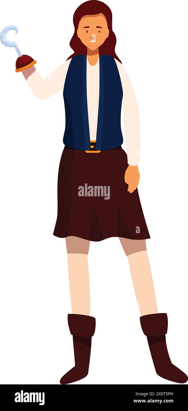 Smiling young woman wearing pirate costume holding hook hand up while ...