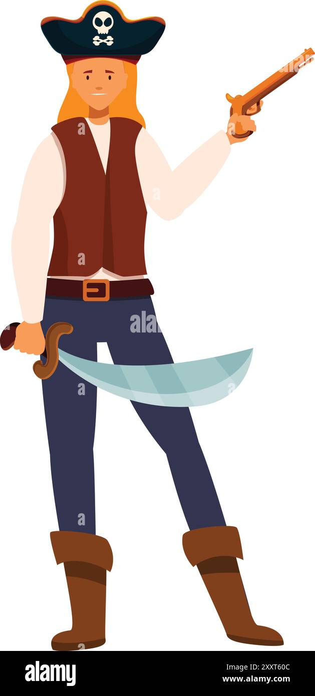Confident female pirate standing with a sword and pistol, ready for adventure Stock Vector Image ...
