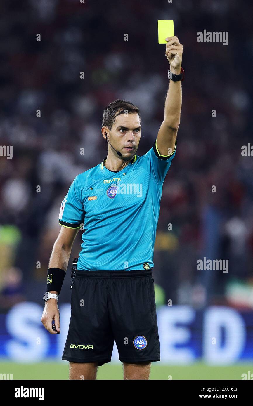 Rome, Italy. 25th Aug, 2024. Luca Zufferli referee shows the yellow ...