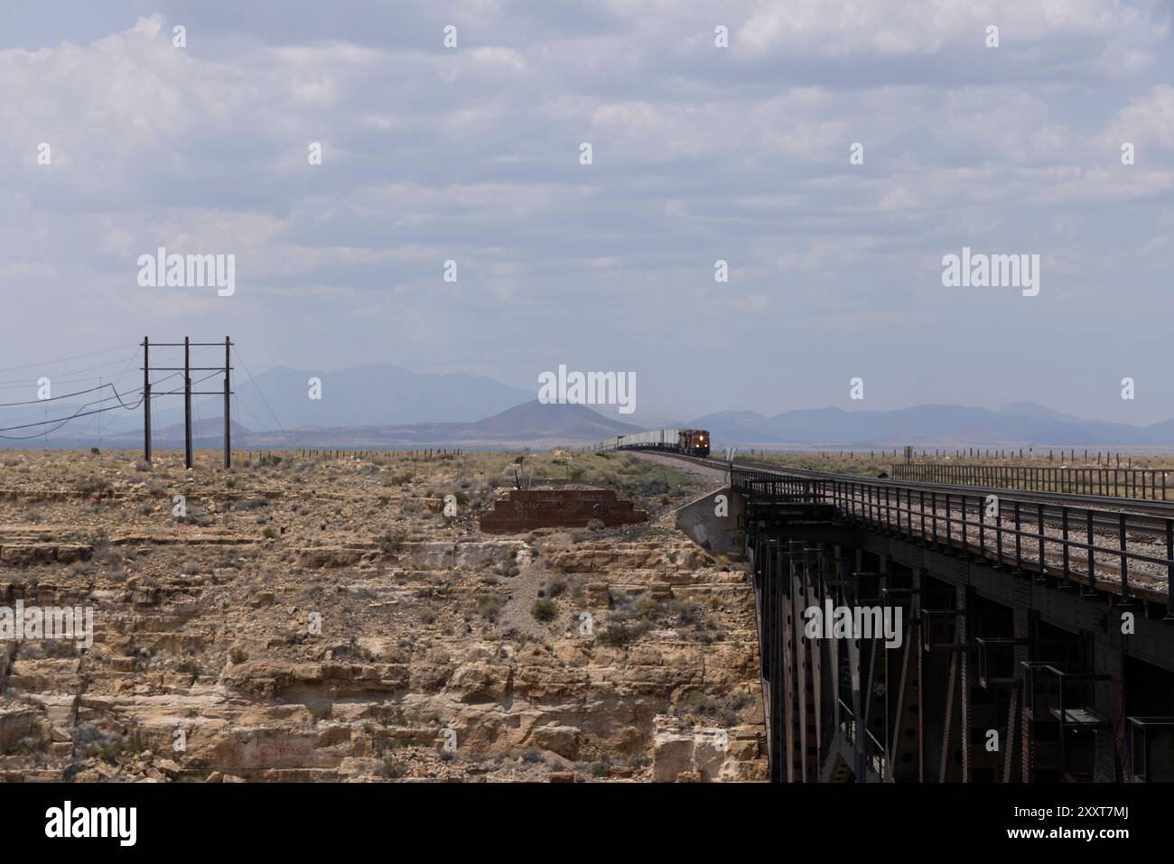 A distant train approaches a steel bridge in a barren landscape Stock ...