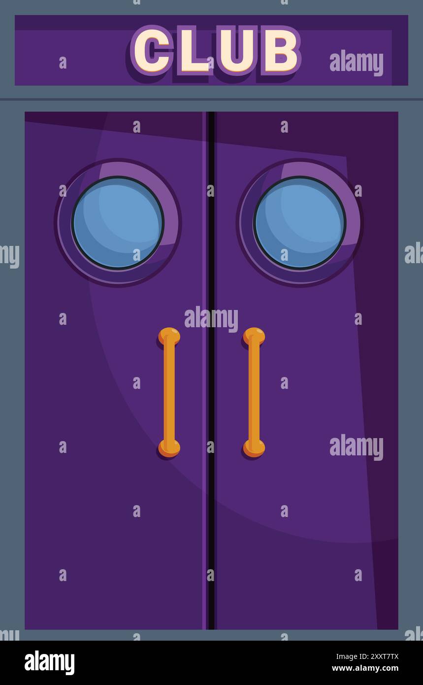 Closed purple double doors with round windows and golden handles ...