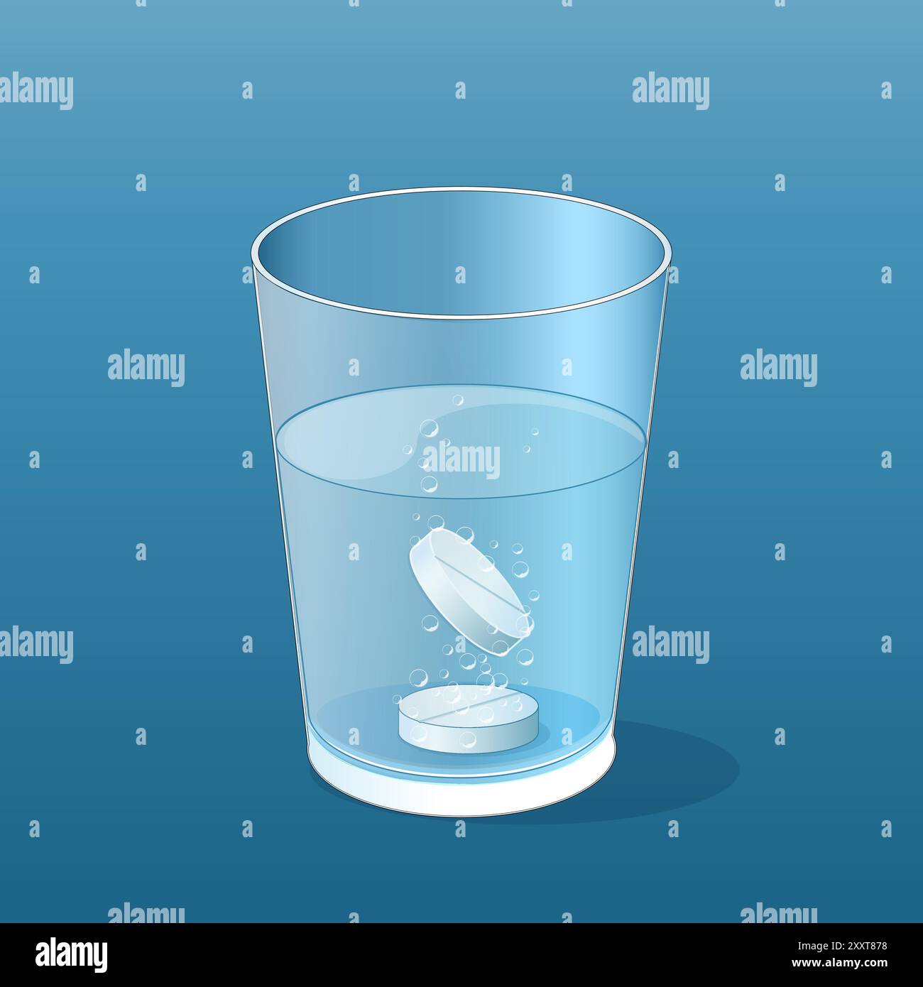 Glass of water with two effervescent tablets dissolving, creating bubbles. Vector Icons about ...