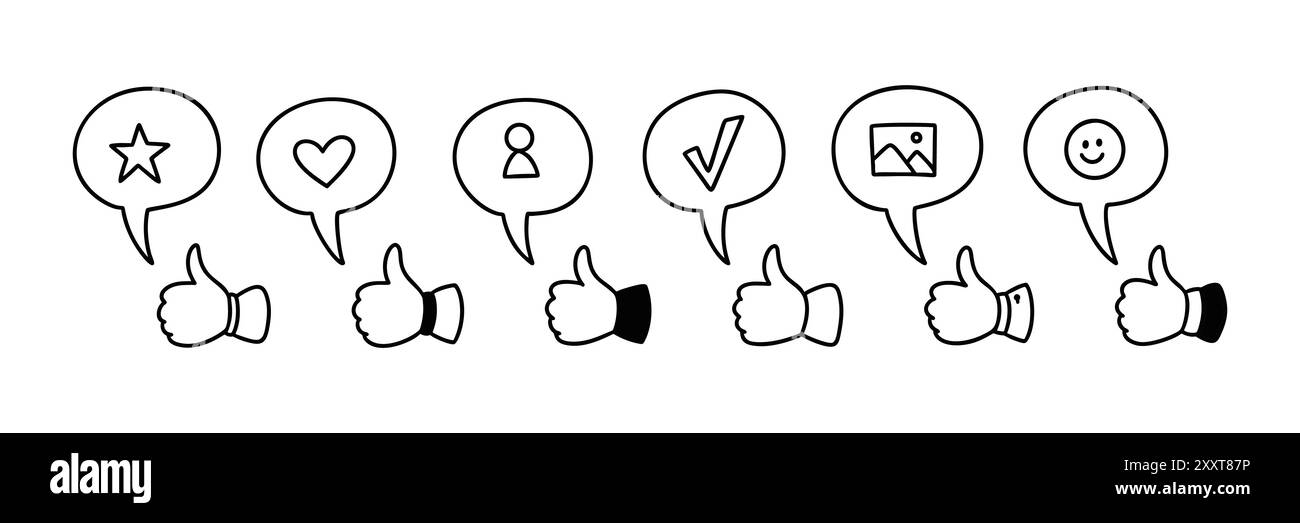 Thumb up cute line doodle icons set. Positive feedback, like ...