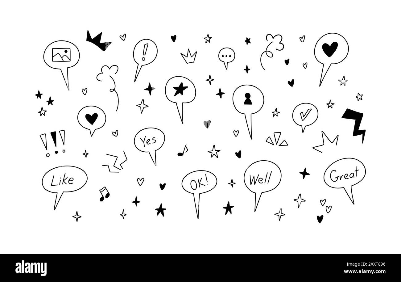 Cute line doodle icon set. Spech bubbles, exclamation mark, motion and ...