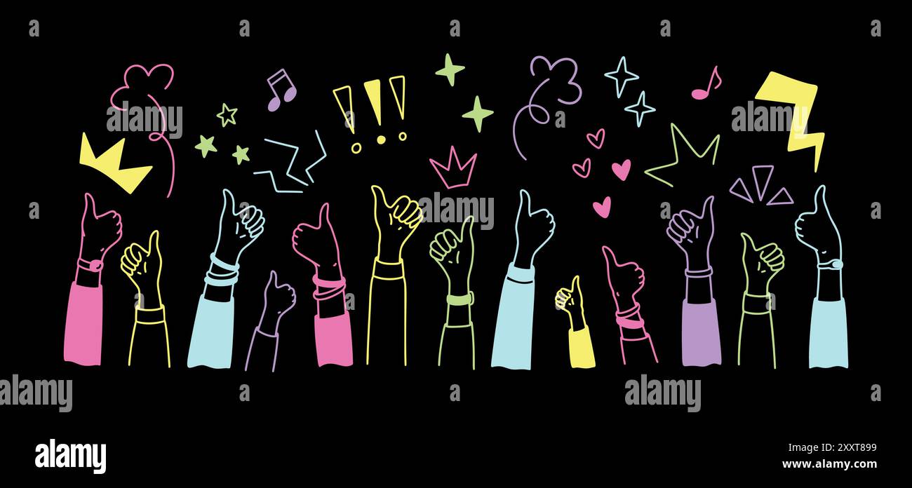 Raising hands with thumb up doodle background. Birthday celebration ...