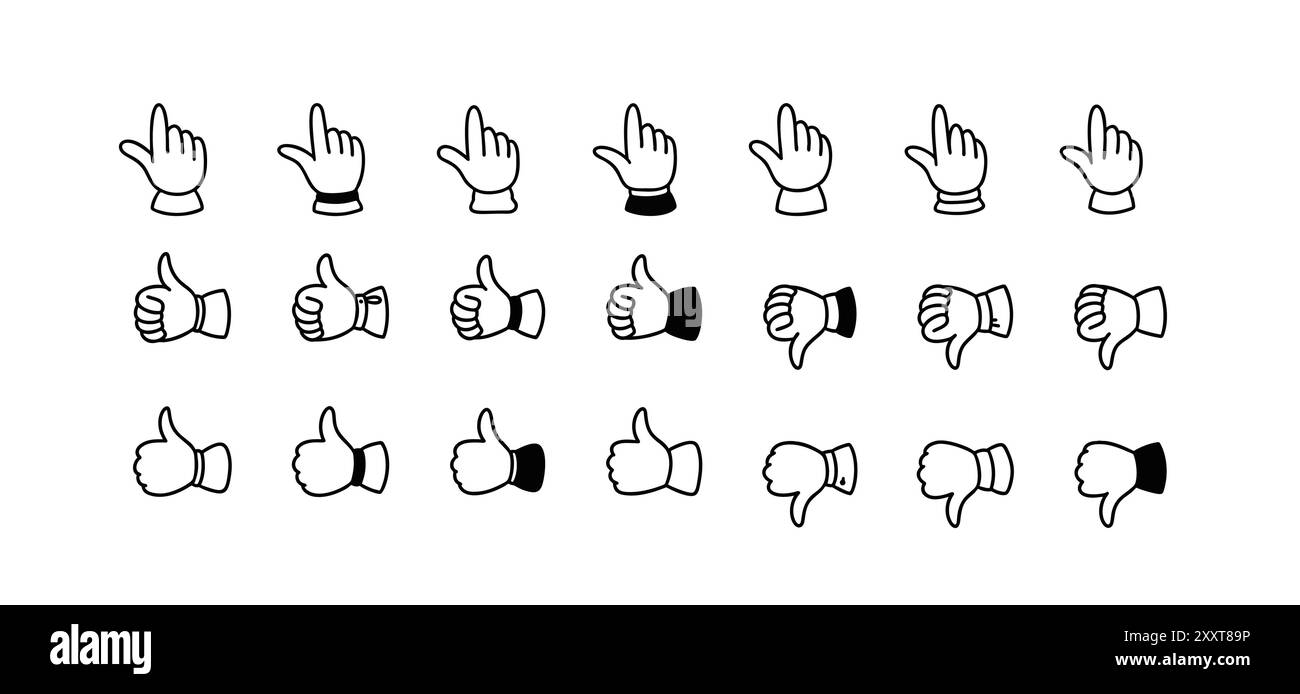 Cute line doodle like, dislike and choose icon set. Humb up hand. Mouse ...