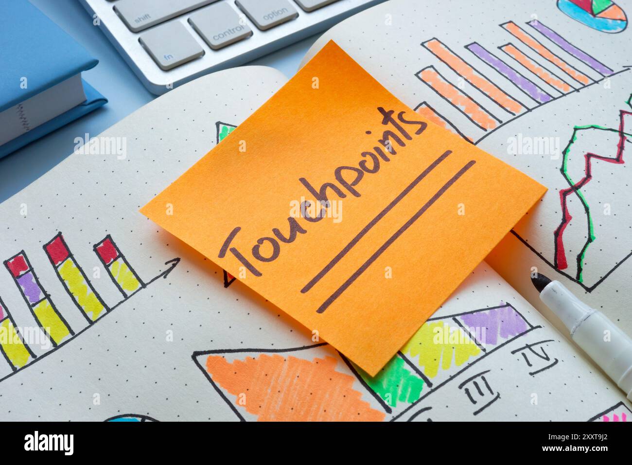 Sticker labeled touchpoints on an open notebook. Customer journey and ...