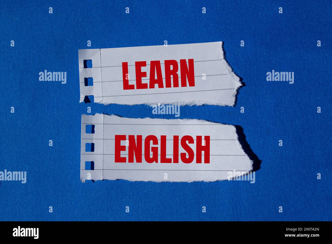 Learn english message written on ripped paper pieces with blue background. Conceptual learn ...