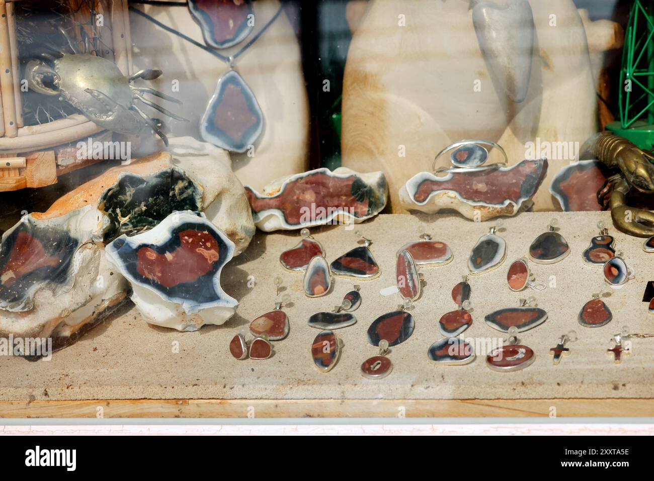 red flint jewellery in a shop window, Germany, Schleswig-Holstein ...