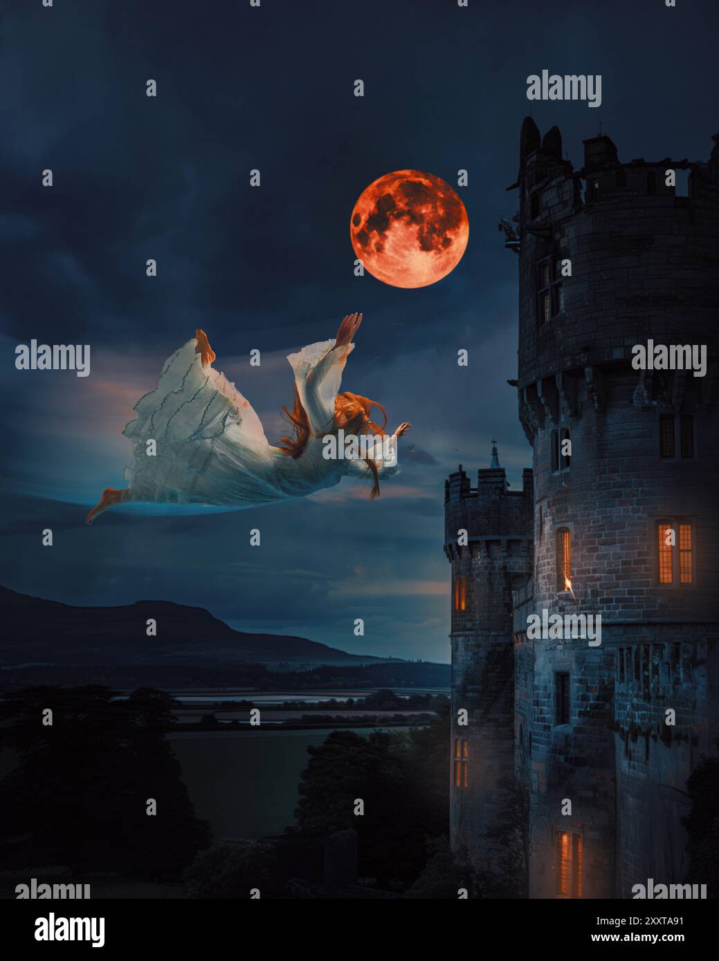 Spectral woman floats towards crimson moon over ancient castle ...