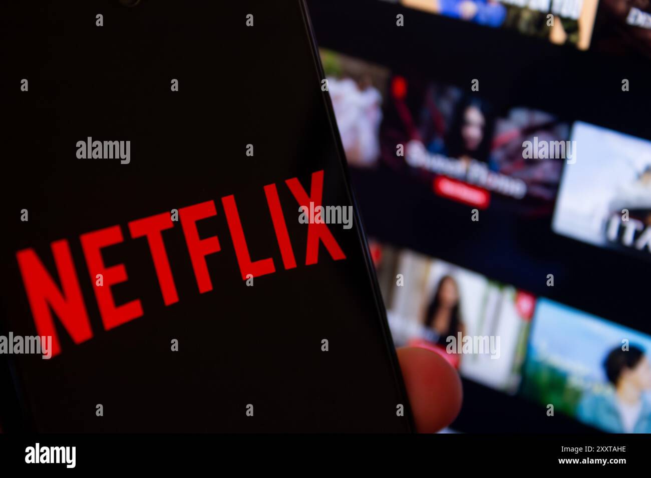 Netflix logo displayed on smartphone. Popular video streaming service ...
