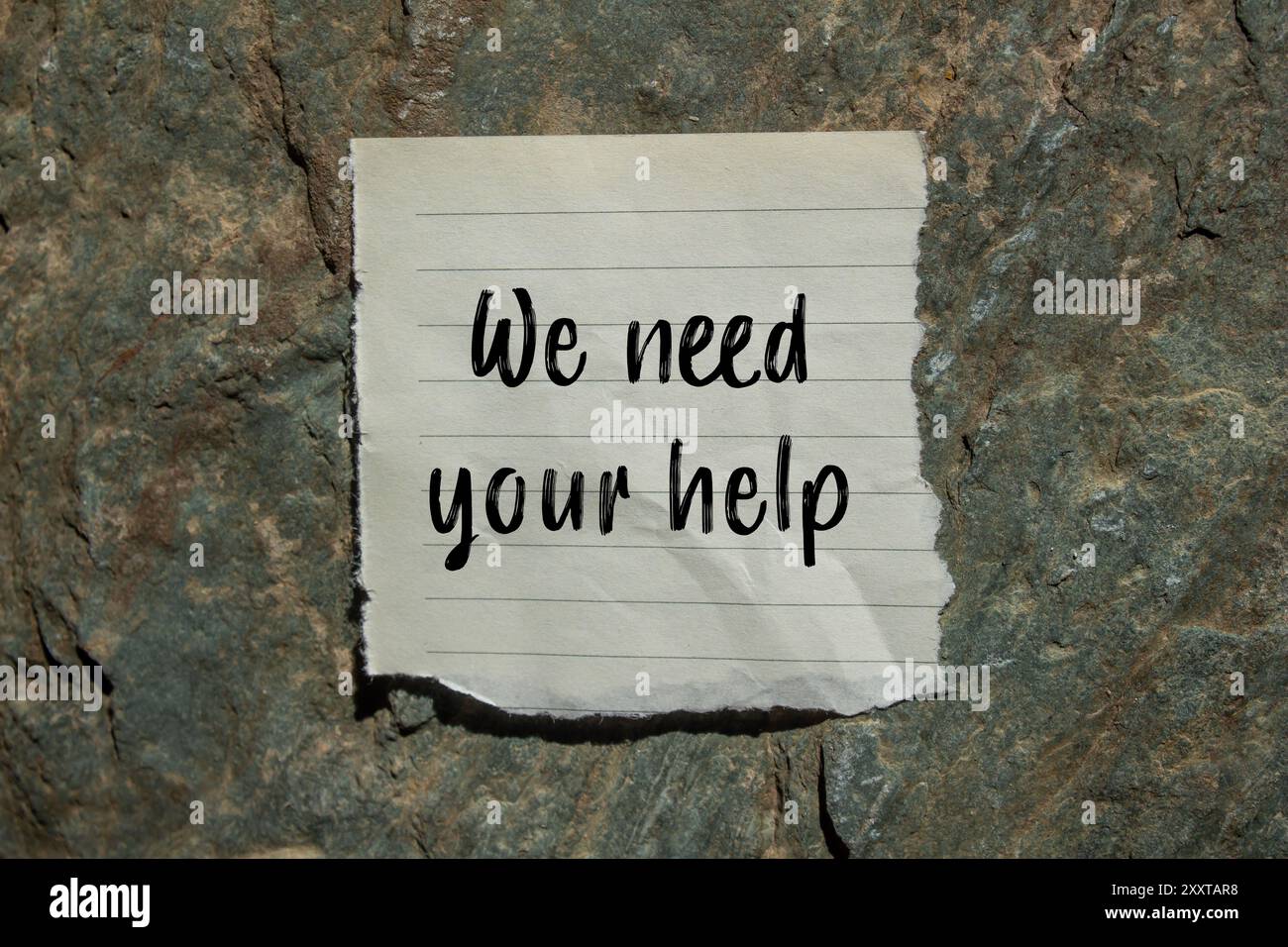 We need your help message written on ripped torn paper piece on stone ...