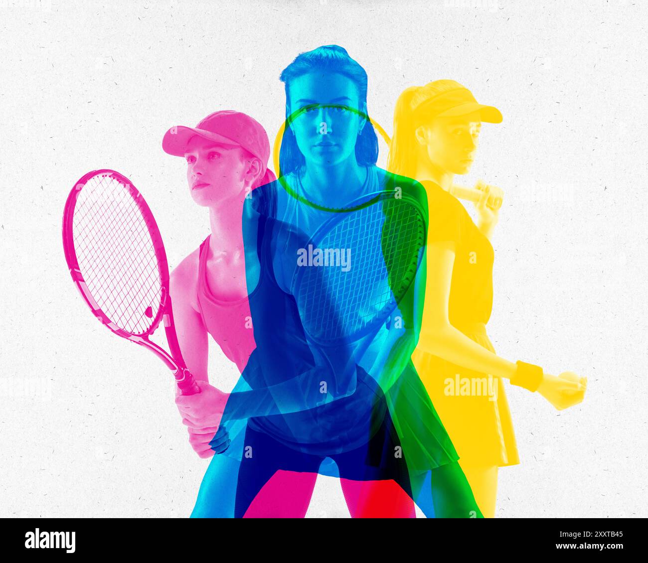 Three female tennis players layered in vibrant colors, showing ...