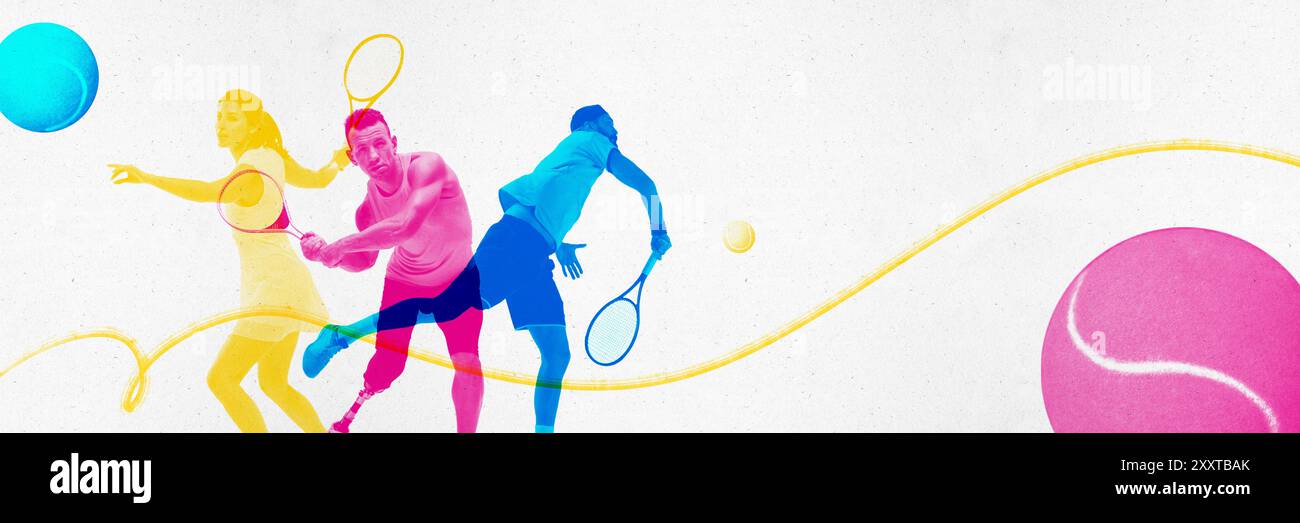 Three competitive tennis player, men and woman in motion with racket ...