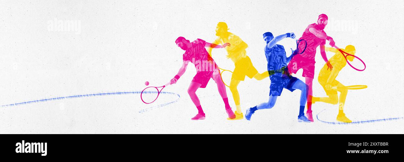 Dynamic group of tennis players in various action poses, playing ...