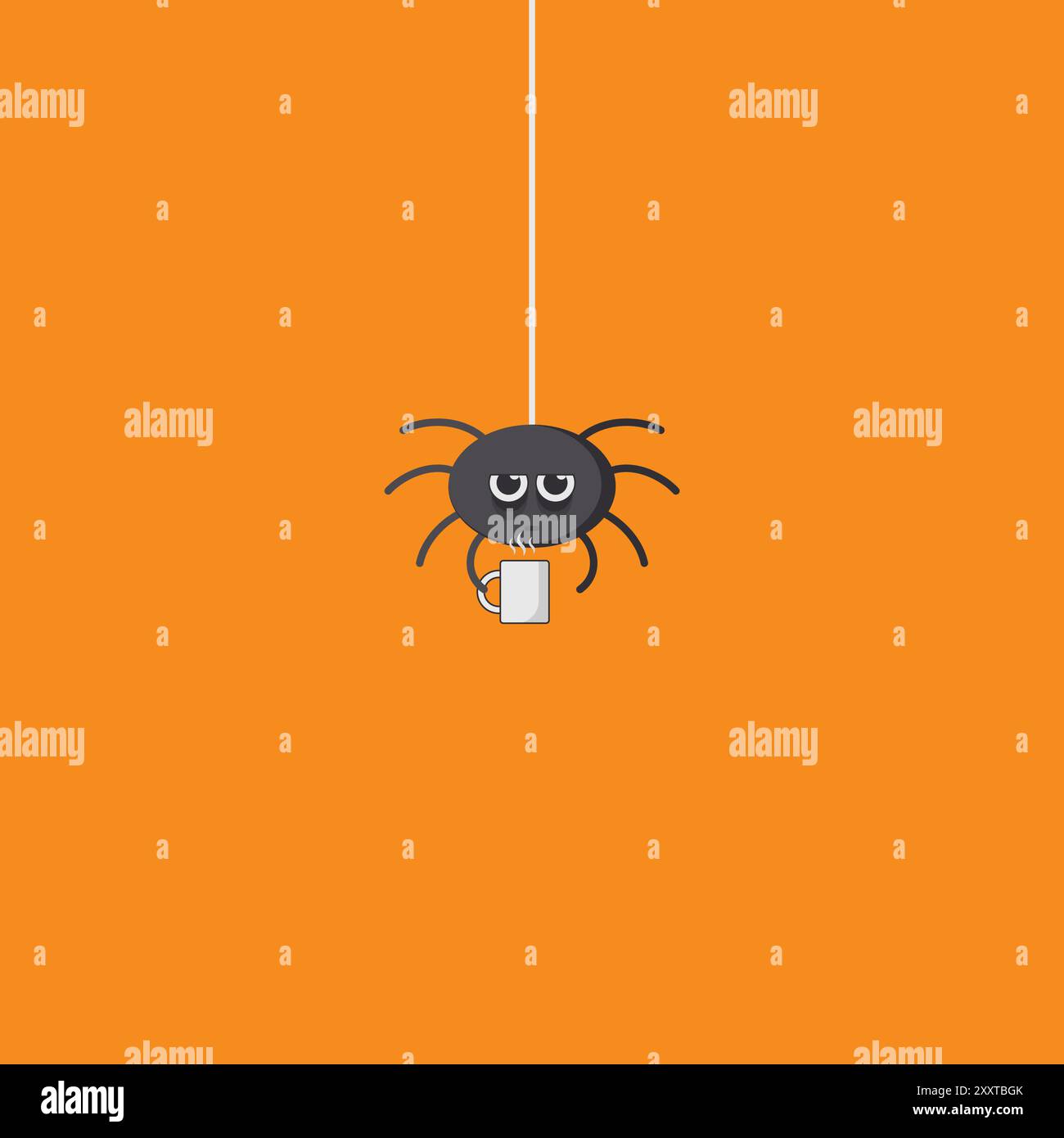 A Small Black Spider Hangs on its Web and Drinks Coffee. Cartoon Cute ...