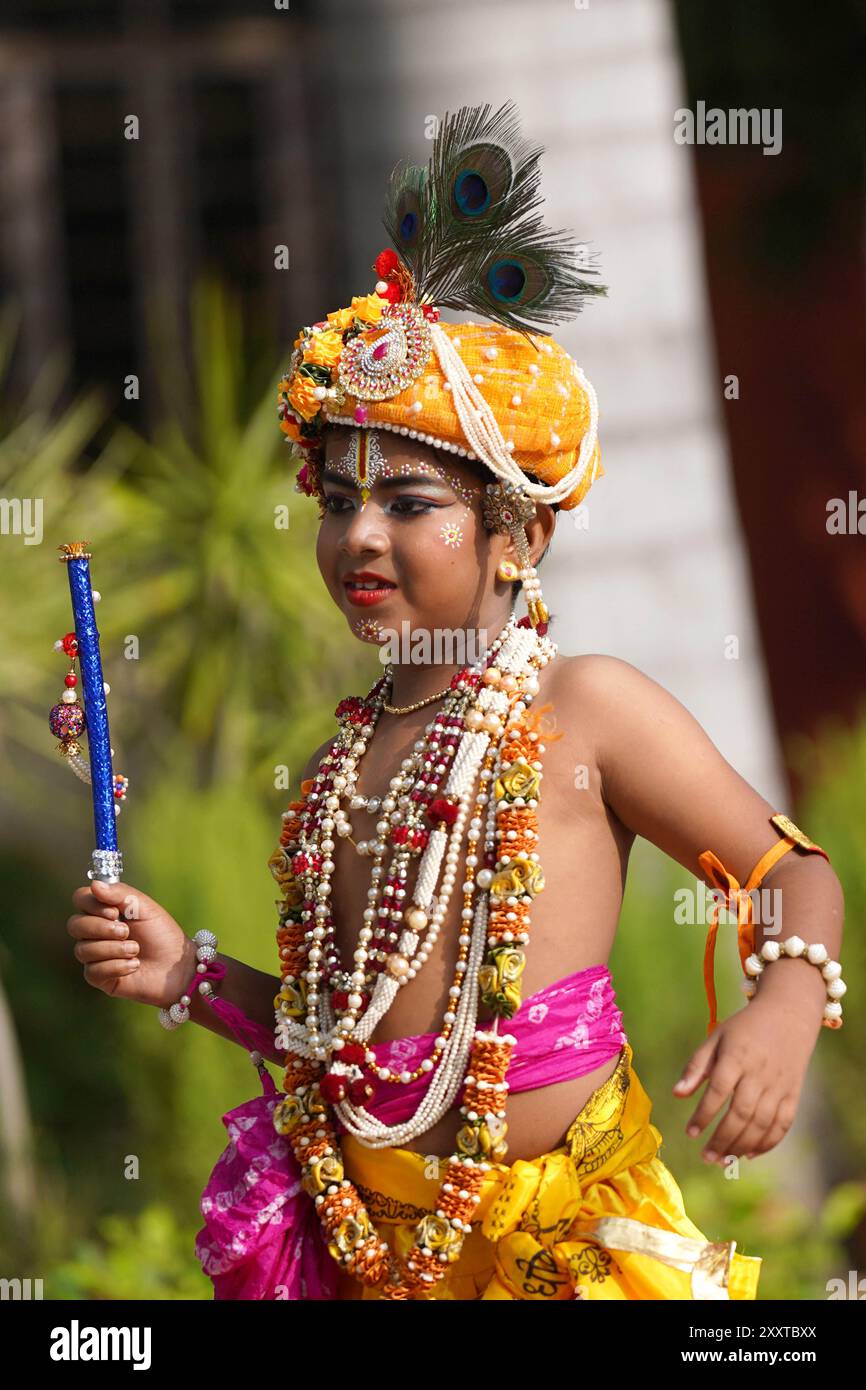 Ajmer, India. 24th Aug, 2024. Children dressed as Hindu deities Radha ...