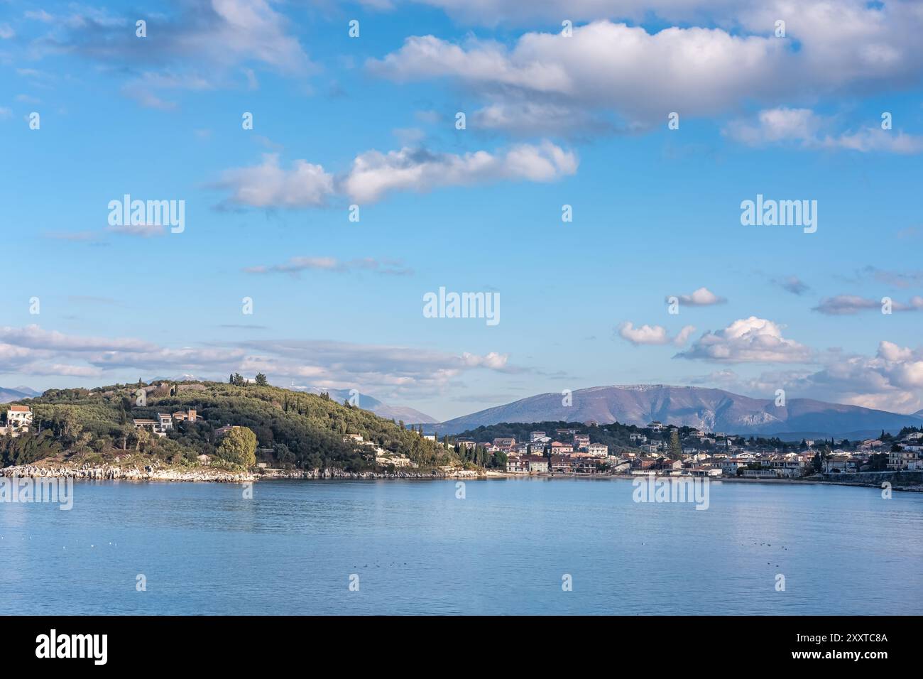 Old tourist town on Corfu island, Greece. Fishing village on seashore ...