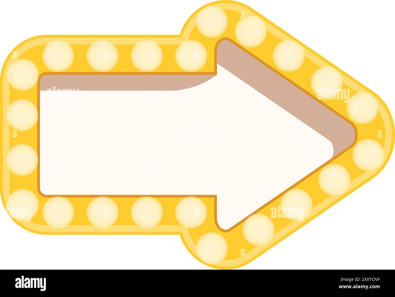 Golden arrow sign with glowing lights pointing to the right over white ...